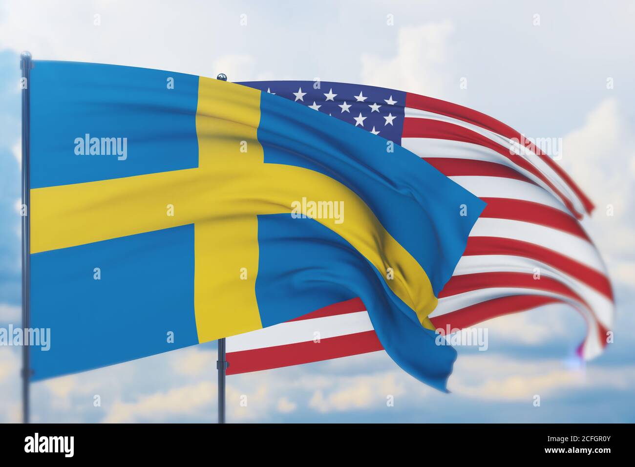 Waving American flag and flag of Sweden. Closeup view, 3D illustration ...