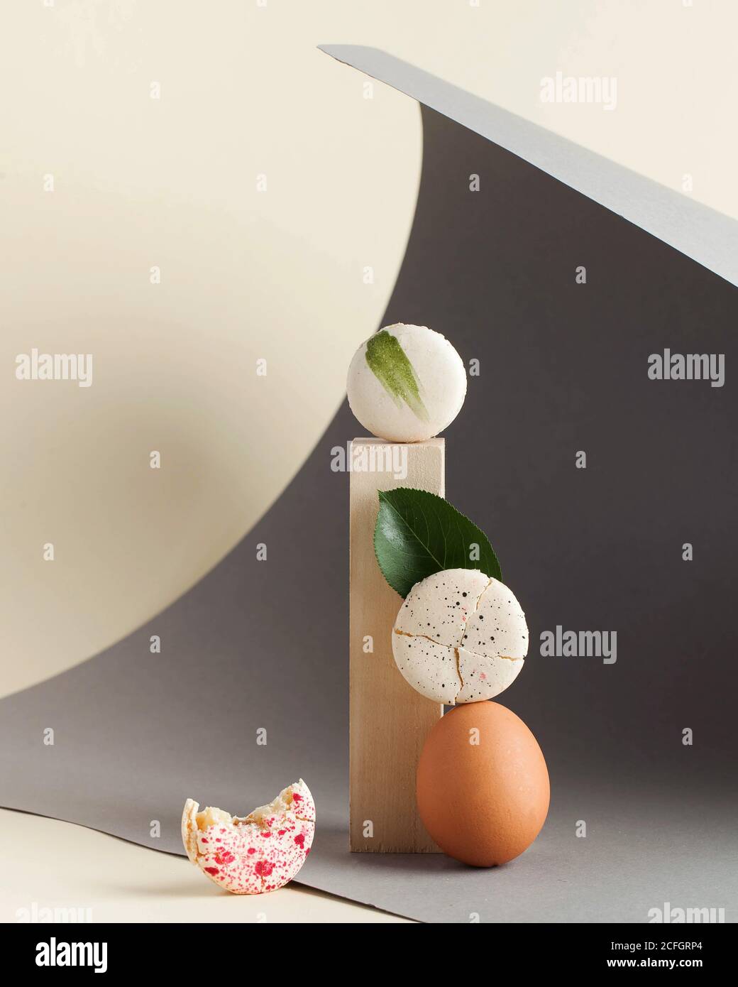 Modern still life of macaroon cakes. Poster, greeting card with ...