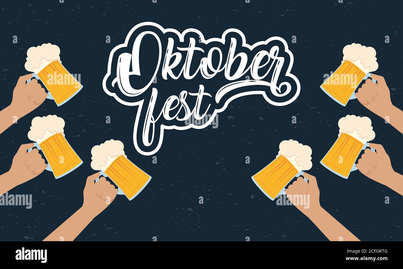 oktoberfest party lettering in poster with hands lifting beers vector ...