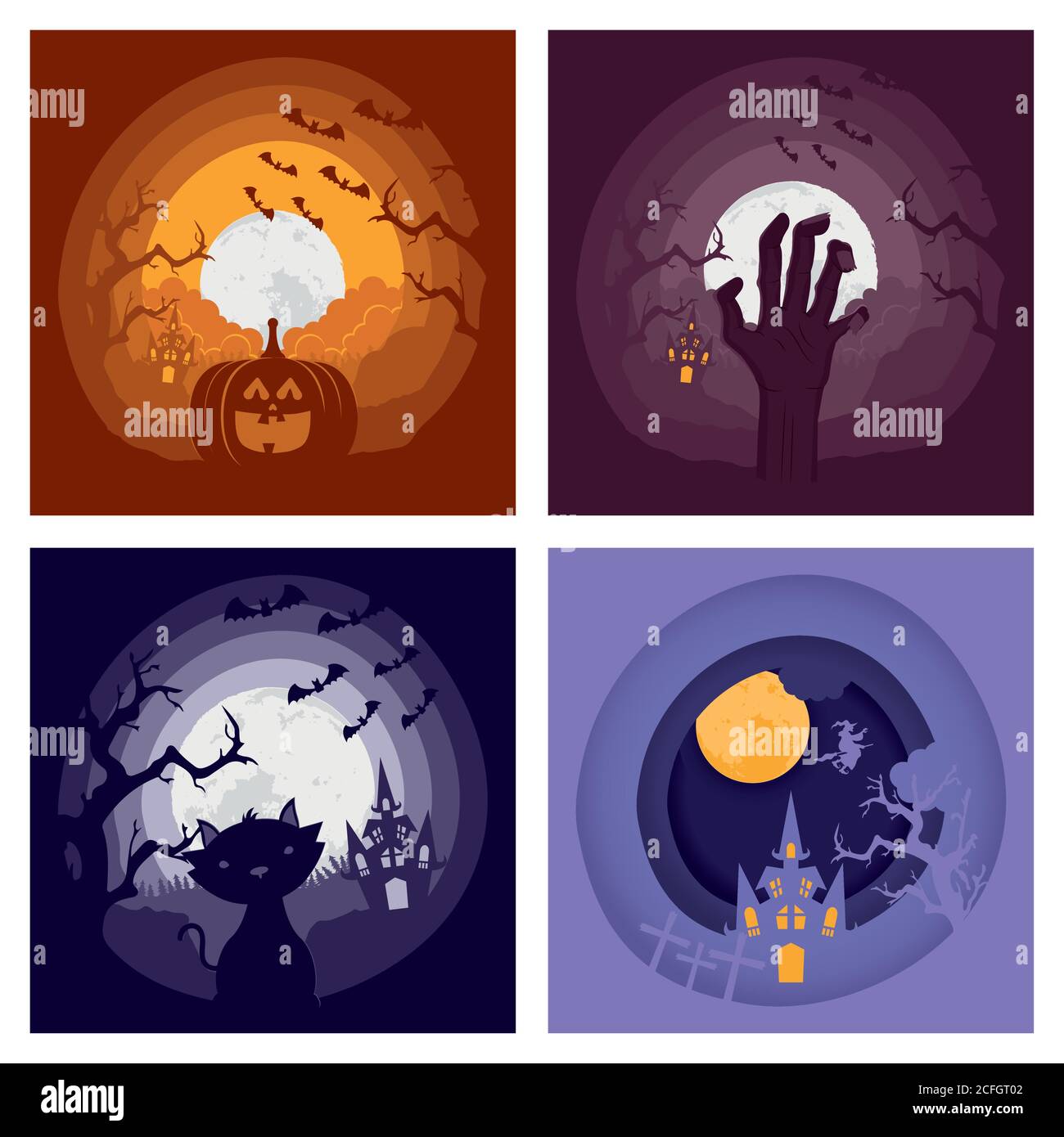 happy halloween card with four set dark scenes vector illustration ...