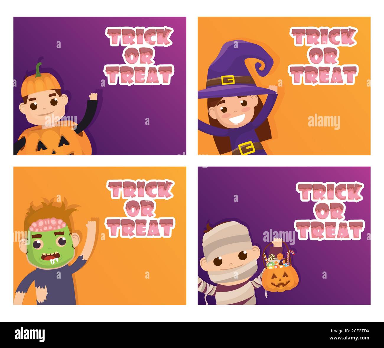 happy halloween card trick of treat letterings and costumed children ...
