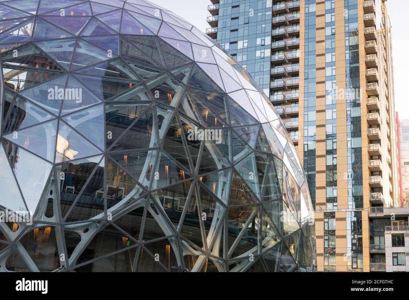 Seattle, USA - March 1, 2019: The Amazon Spheres in downtown early in ...