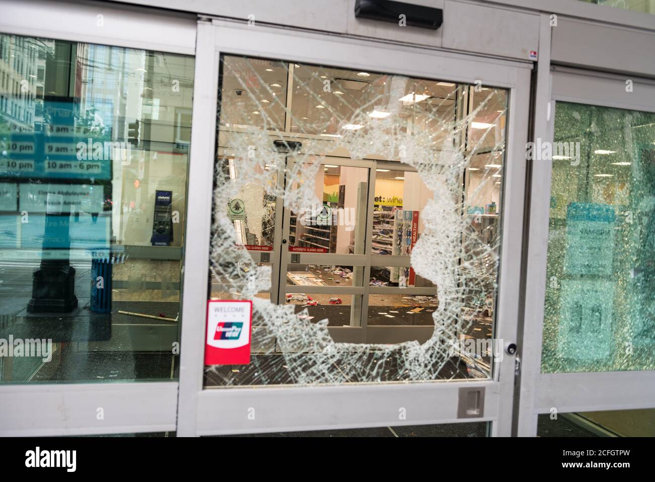 Seattle, USA – May 31, 2020: Smashed out windows at Walgreens in ...