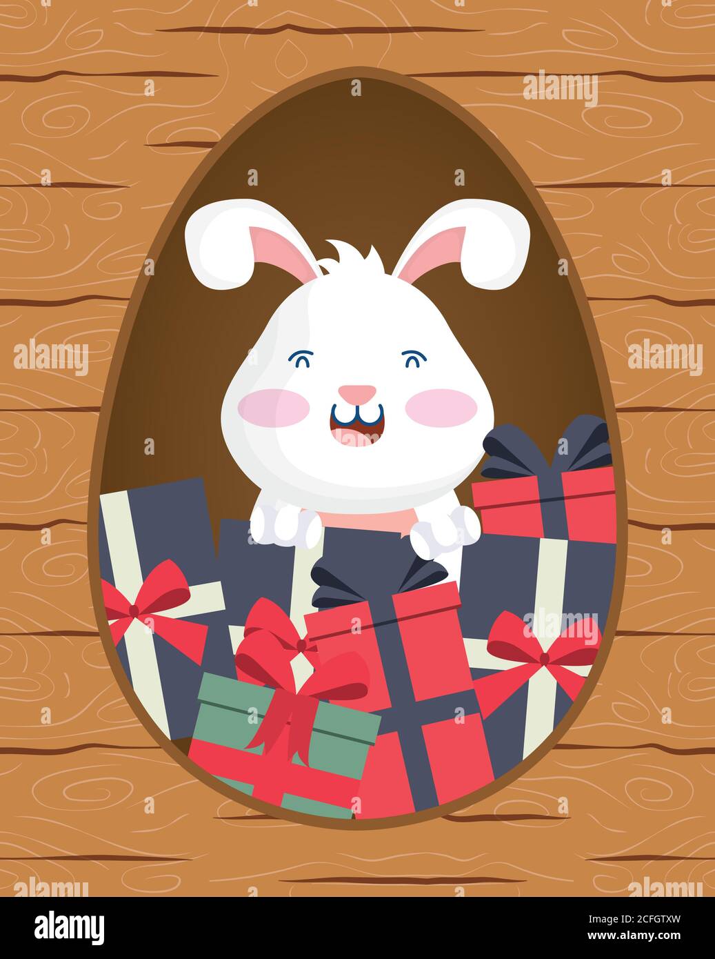 happy birthday card with rabbit and gifts in wooden frame scene vector ...