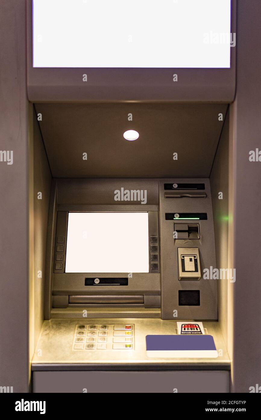 Built-in ATM machine with blank display on grey background Stock Photo ...