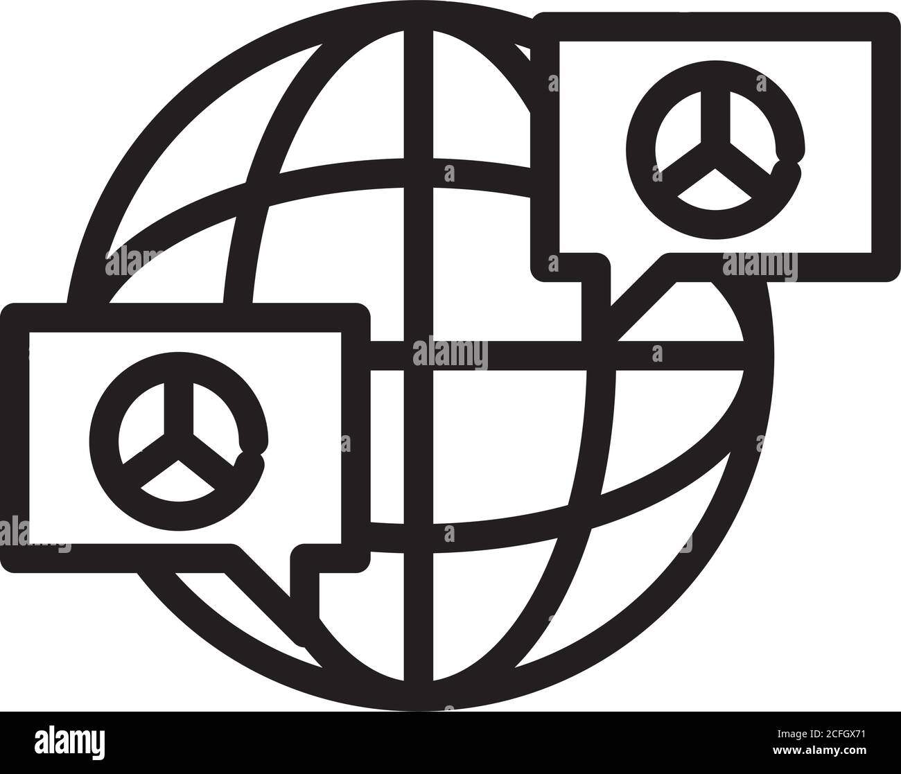 sphere planet with peace and love symbols in speech bubbles line style ...