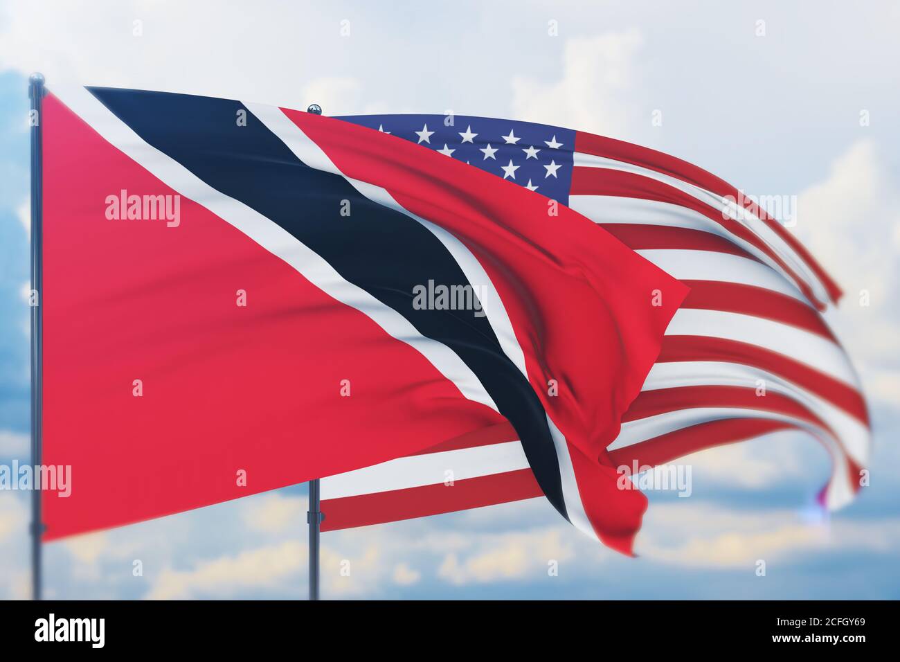 Waving American flag and flag of Trinidad And Tobago. Closeup view, 3D ...