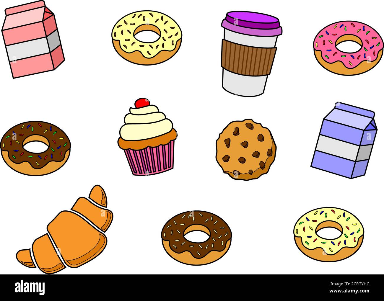 cartoon packet, coffee, milk, donuts, croissant, muffin, cookies with ...