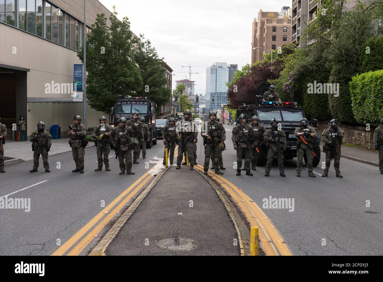 Seattle, USA - May 31, 2020: Late in the day armed King County Sheriff ...