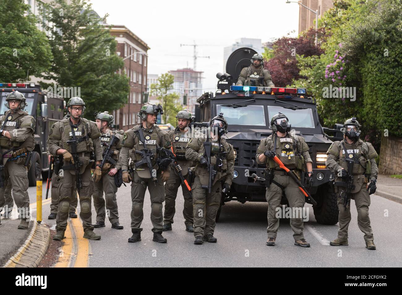 Seattle, USA - May 31, 2020: Late in the day armed King County Sheriff ...