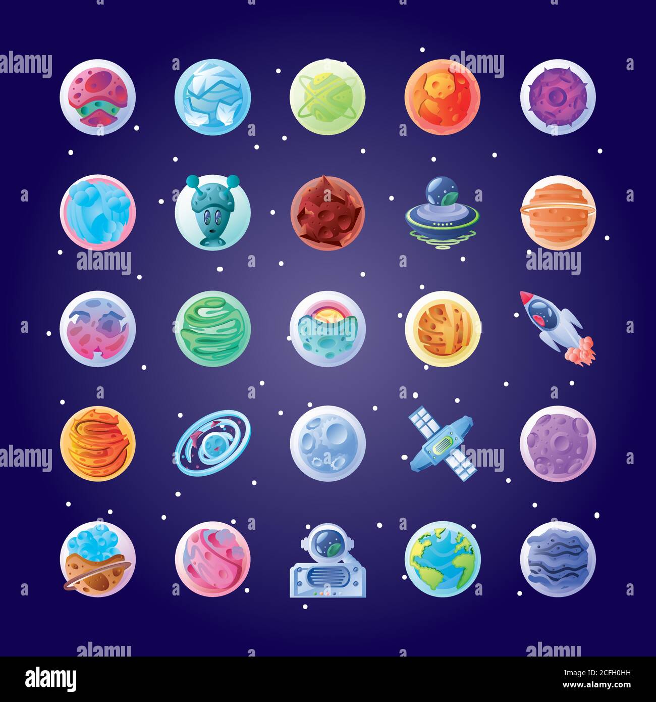 bundle of icons with planets or asteroids of the solar system vector ...