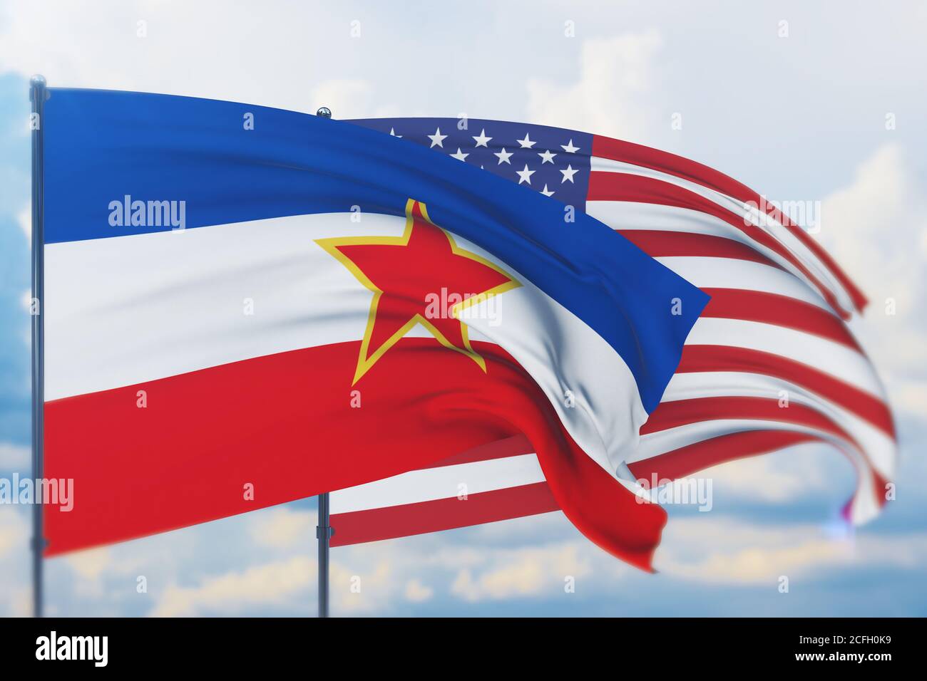 3D illustration. Waving American flag and flag of Yugoslavia. Isolated ...