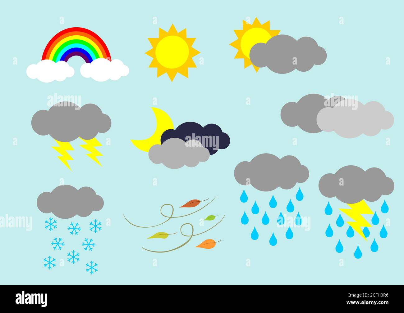 Weather icons set. Flat vector symbols on light blue background Stock ...