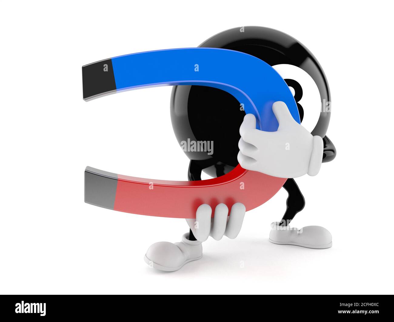 Eight ball character holding horseshoe magnet isolated on white ...