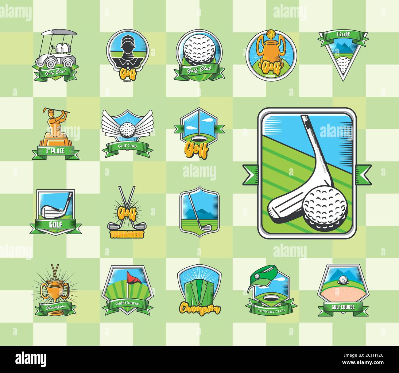 collection of golf emblems, shields, labels and badges on green ...