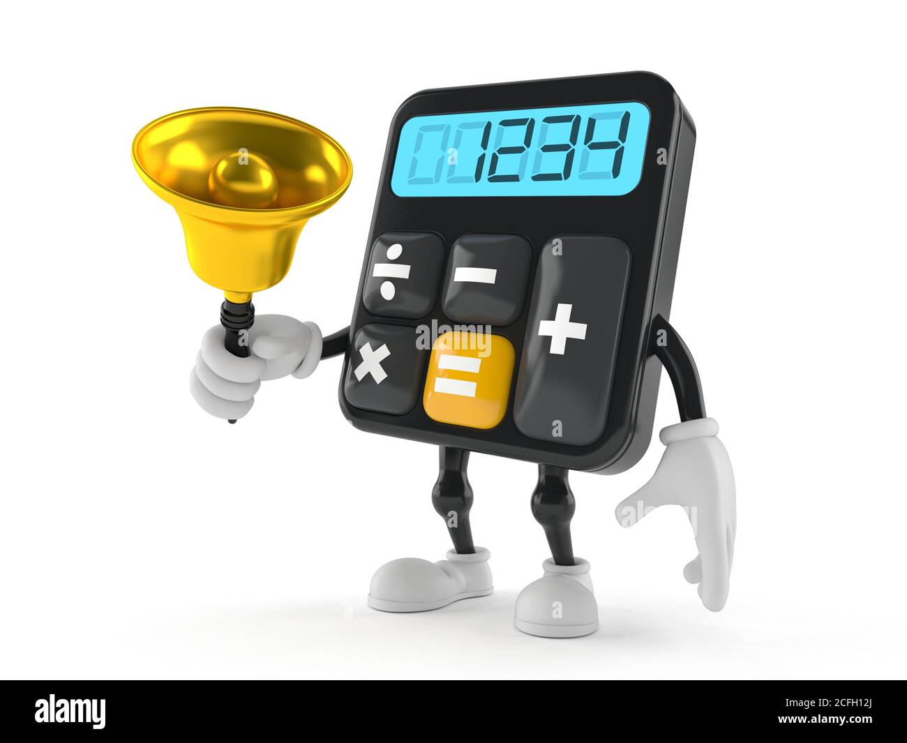 Calculator character ringing a handbell isolated on white background ...