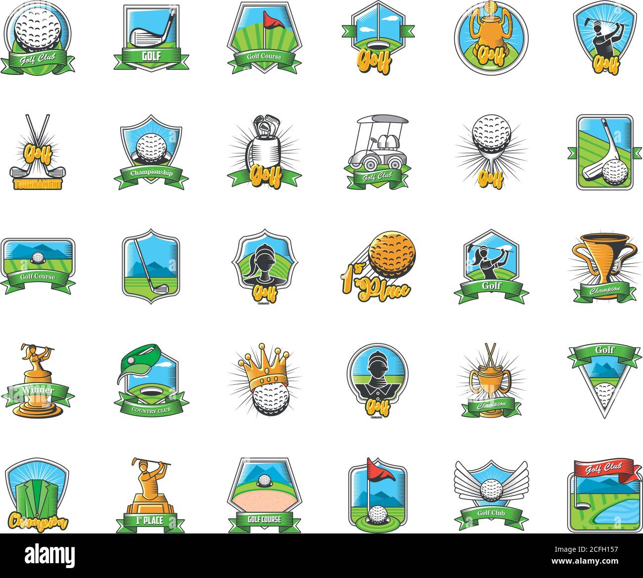 collection of golf emblems, shields, labels and badges on white ...