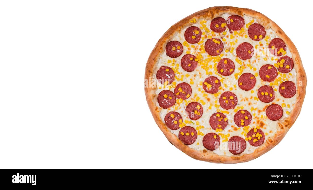 Pizza pepperoni isolated on white background. Top view. Copy space ...