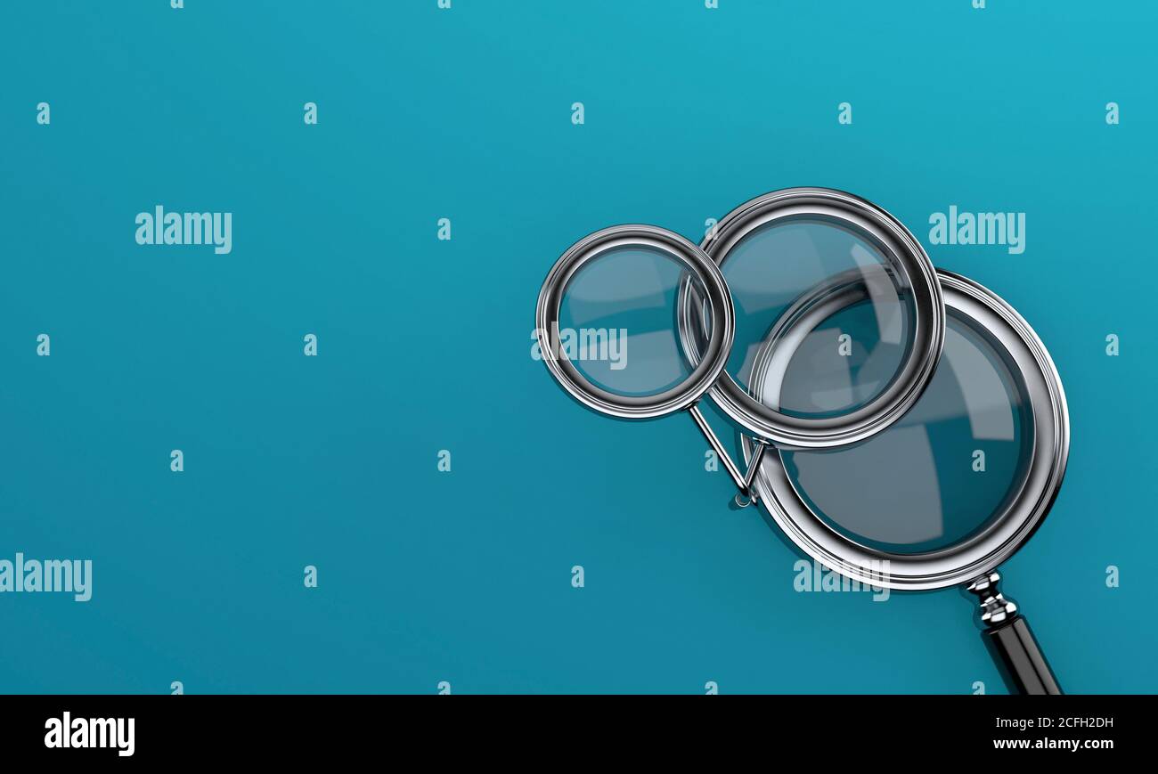 Power magnifying glass on blue background Stock Photo - Alamy