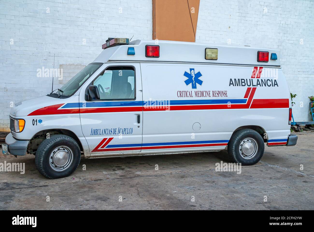 Acapulco, Mexico - November 25, 2008: Parked white ambulance van with ...