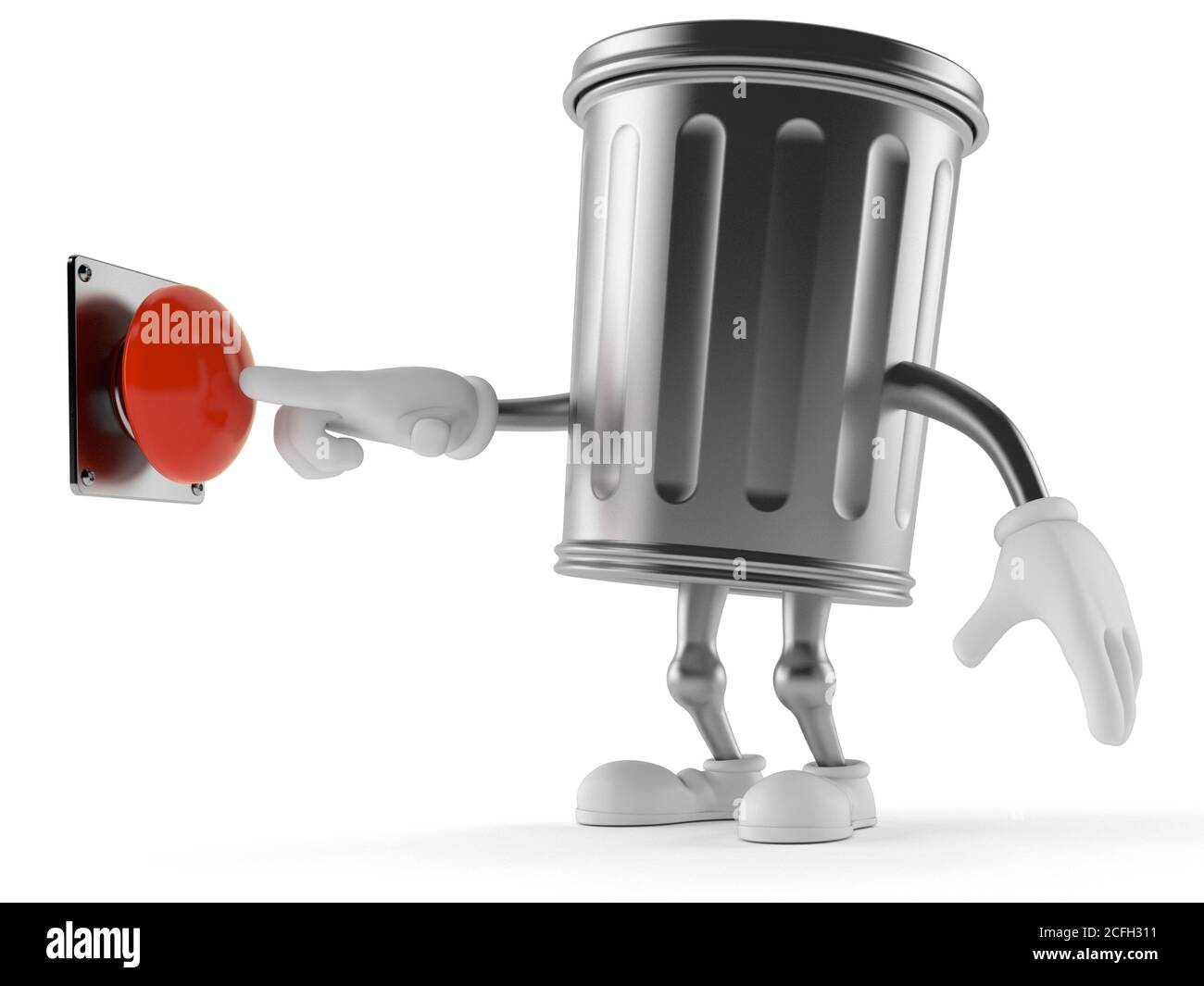 Trash can character pushing button isolated on white background Stock ...