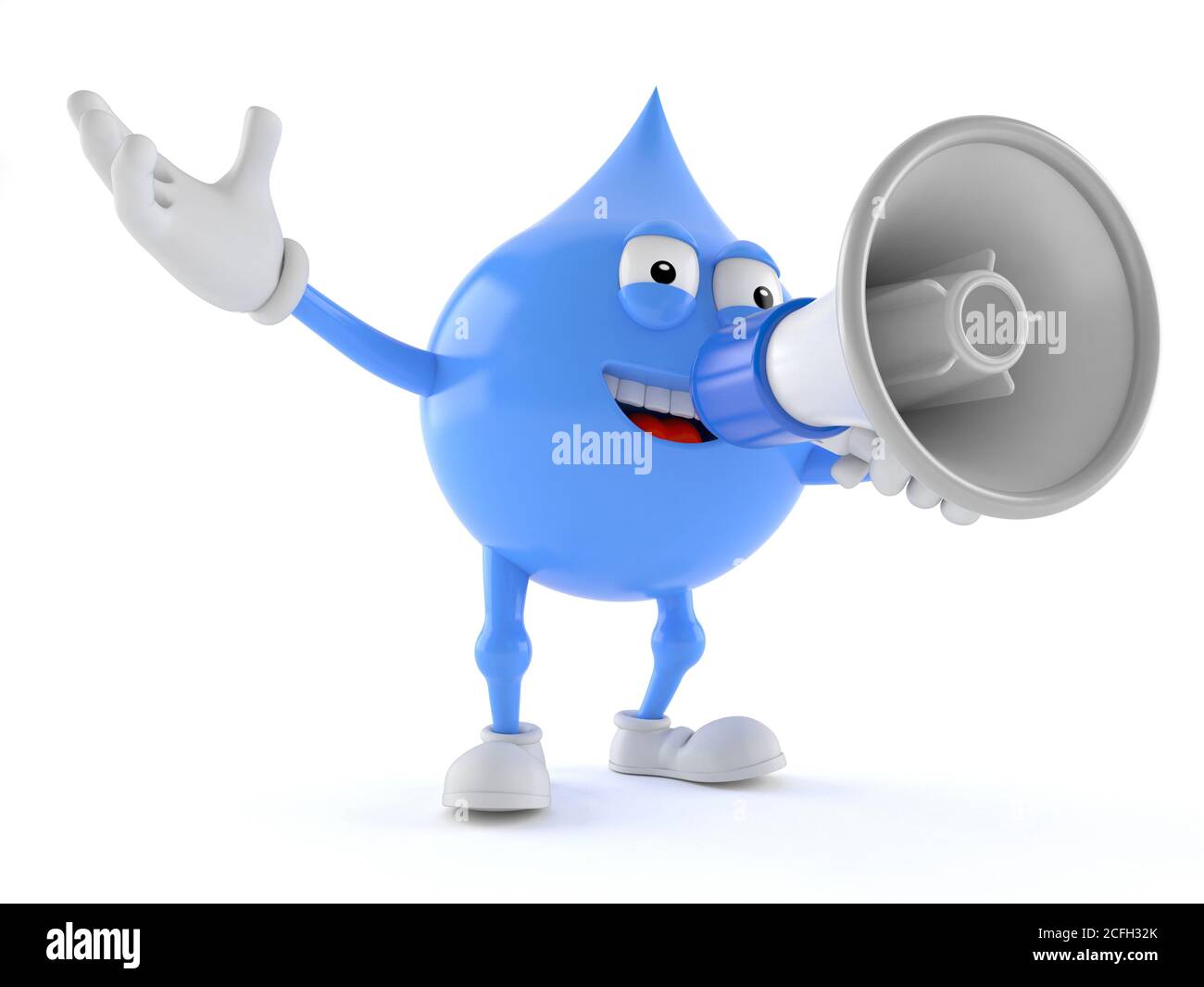 Water drop character speaking through a megaphone isolated on white ...