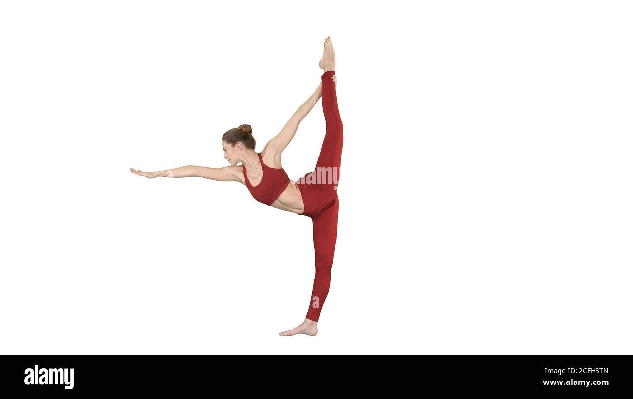 Yoga pose, woman doing stretching legs, leg split on white background ...