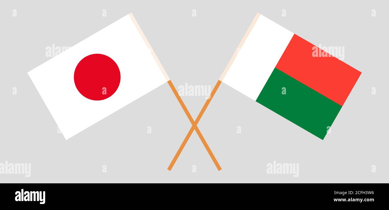 Crossed flags of Madagascar and Japan. Official colors. Correct ...