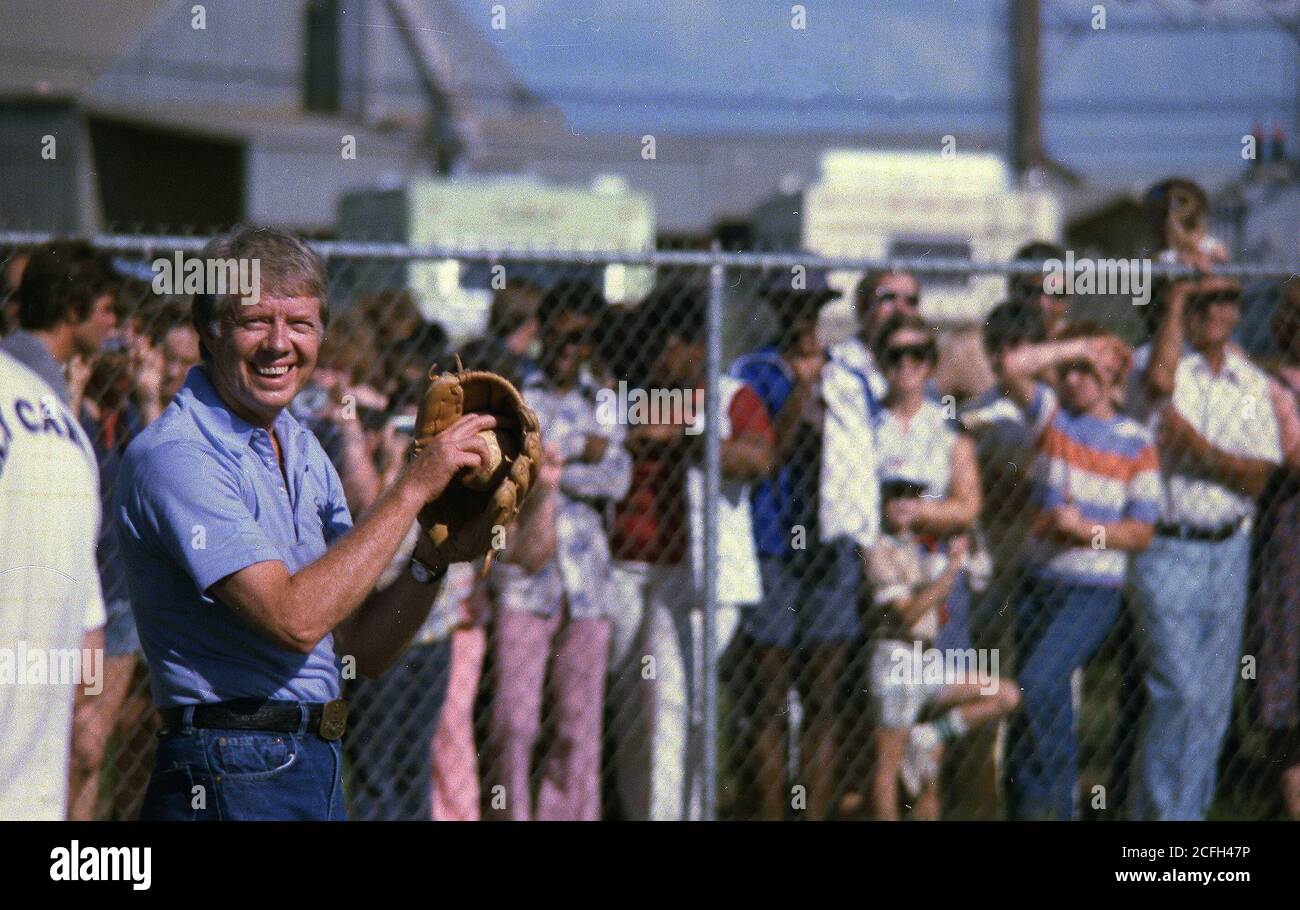 Jimmy Carter playing softball in Plains GA ca. 7 July 1977 Stock Photo ...