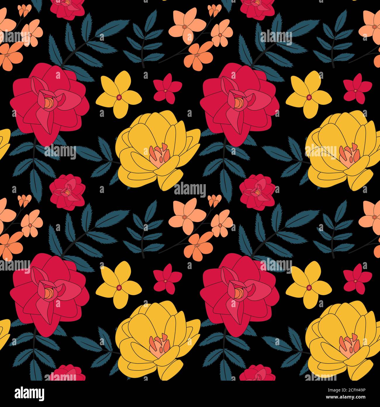 Hand drawn flower seamless pattern background. Vector Illustration ...