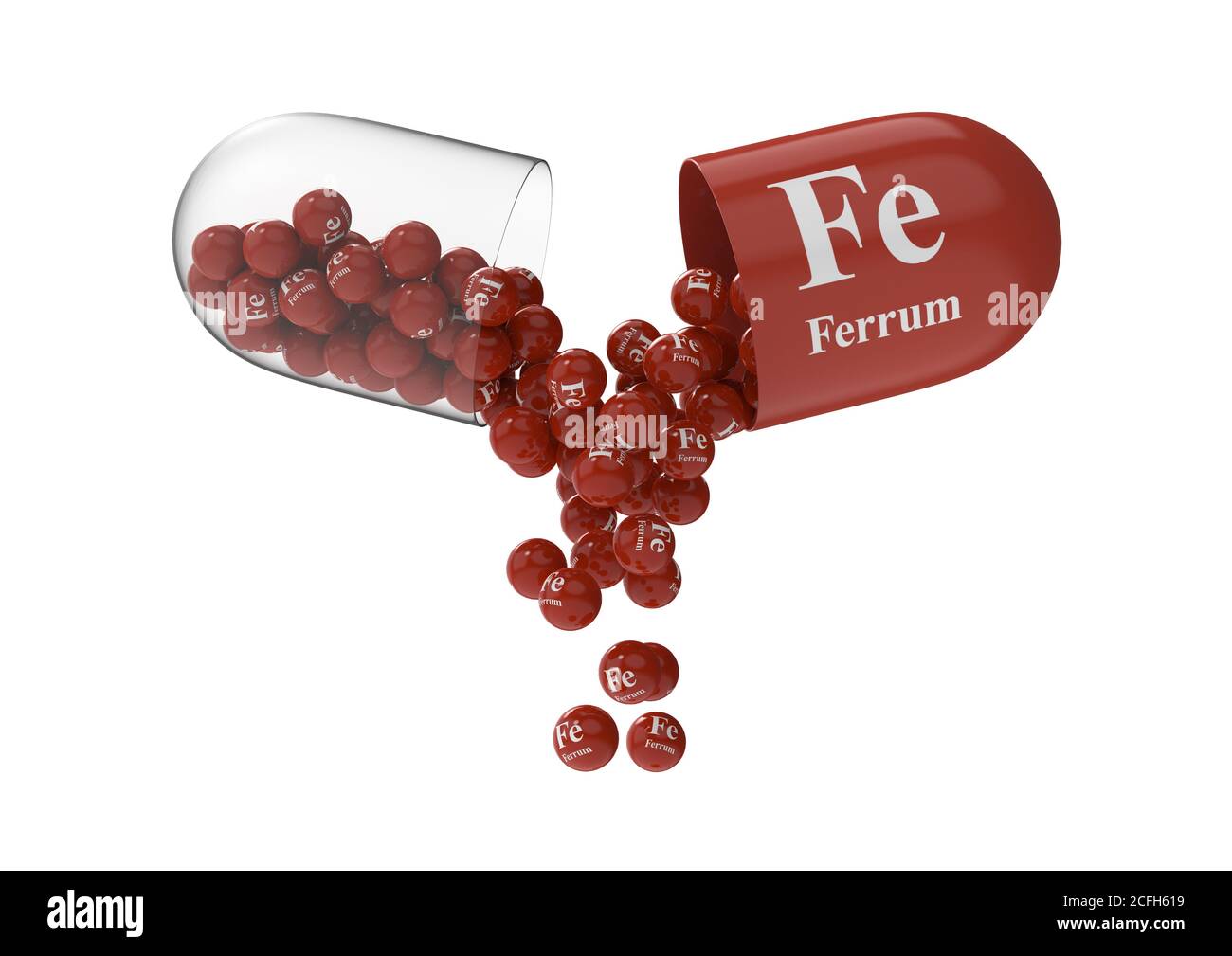 Open capsule with ferrum from which the vitamin composition is poured ...