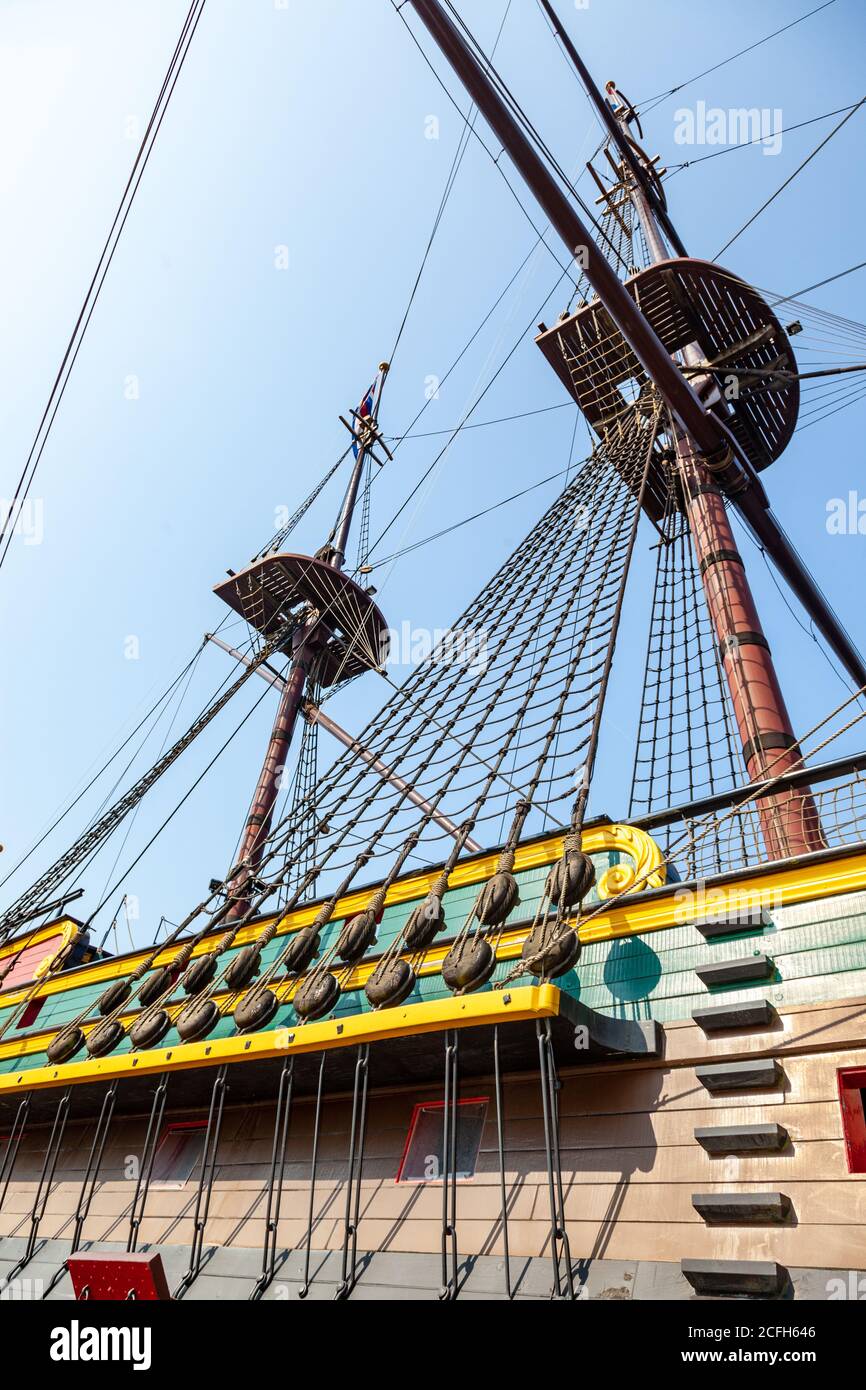 classic tall ship with rope rigging and sails. and crows nest Stock ...