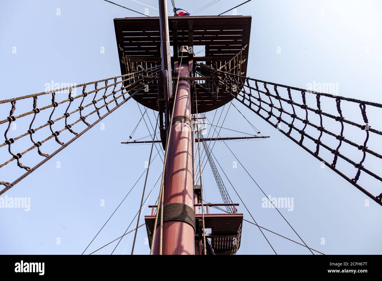 classic tall ship with rope rigging and sails. and crows nest Stock ...