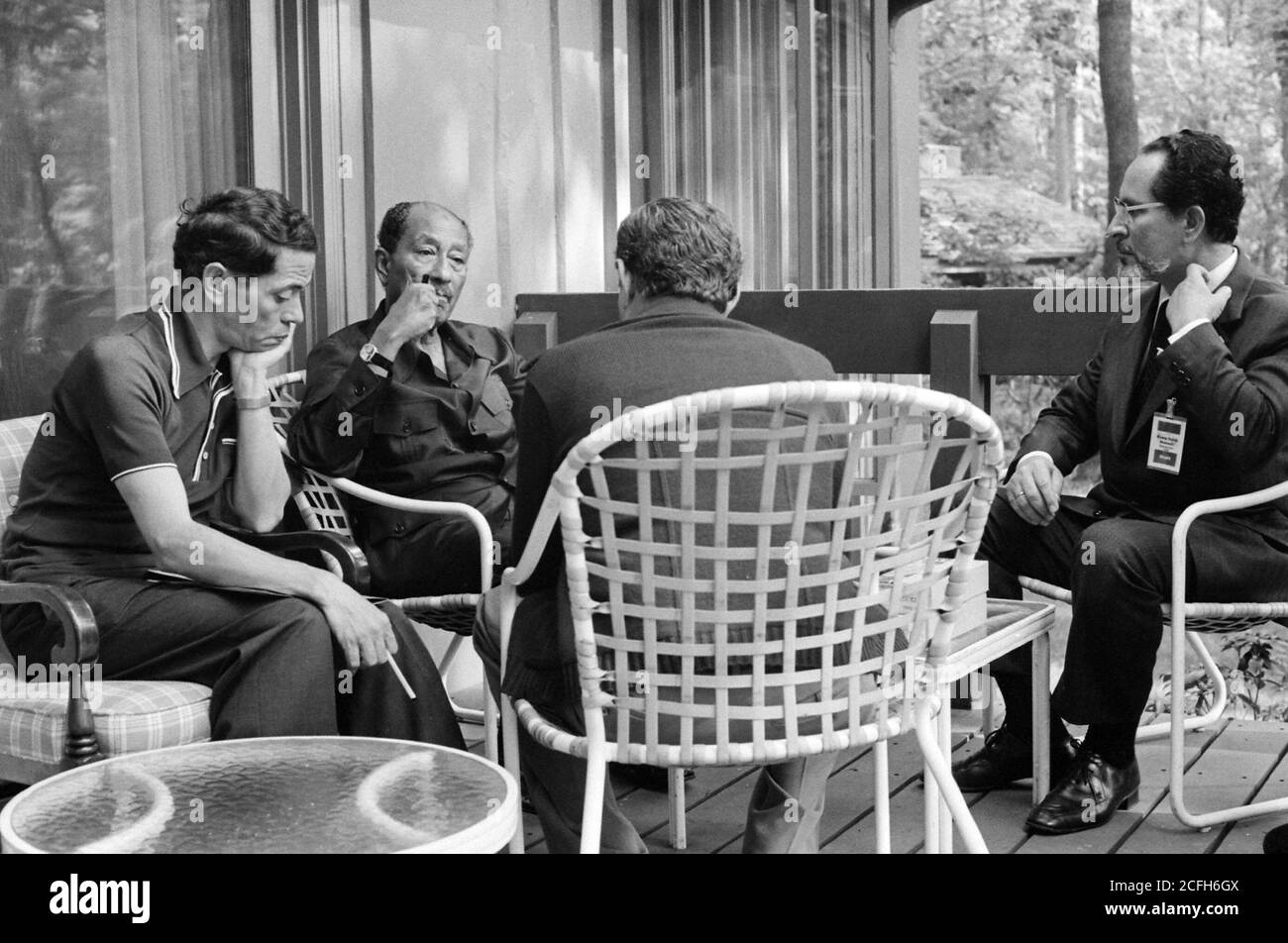 Anwar Sadat with members of the Egyptian delegation at Camp David. ca ...