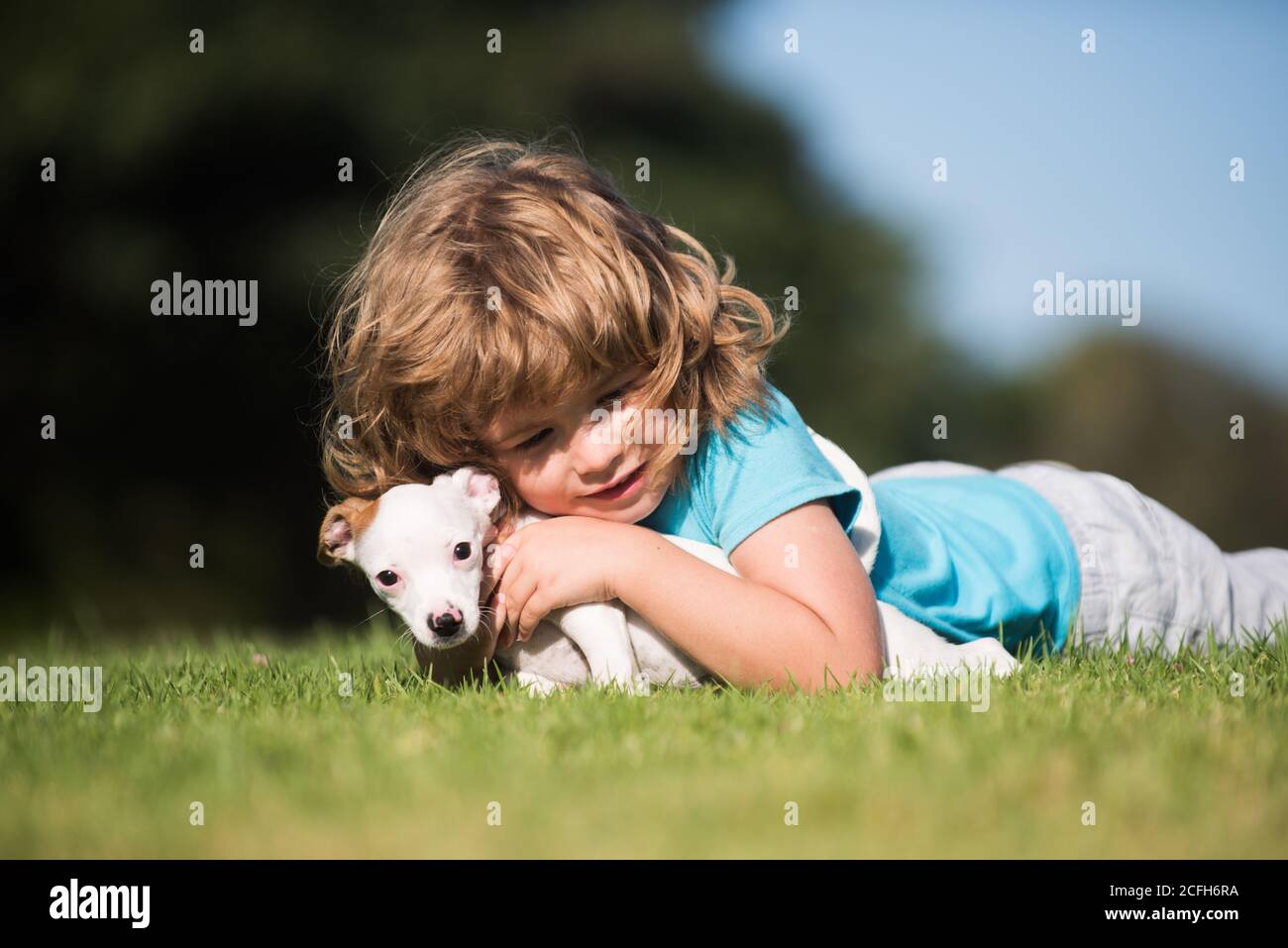 Boy plays with dog hi-res stock photography and images - Alamy