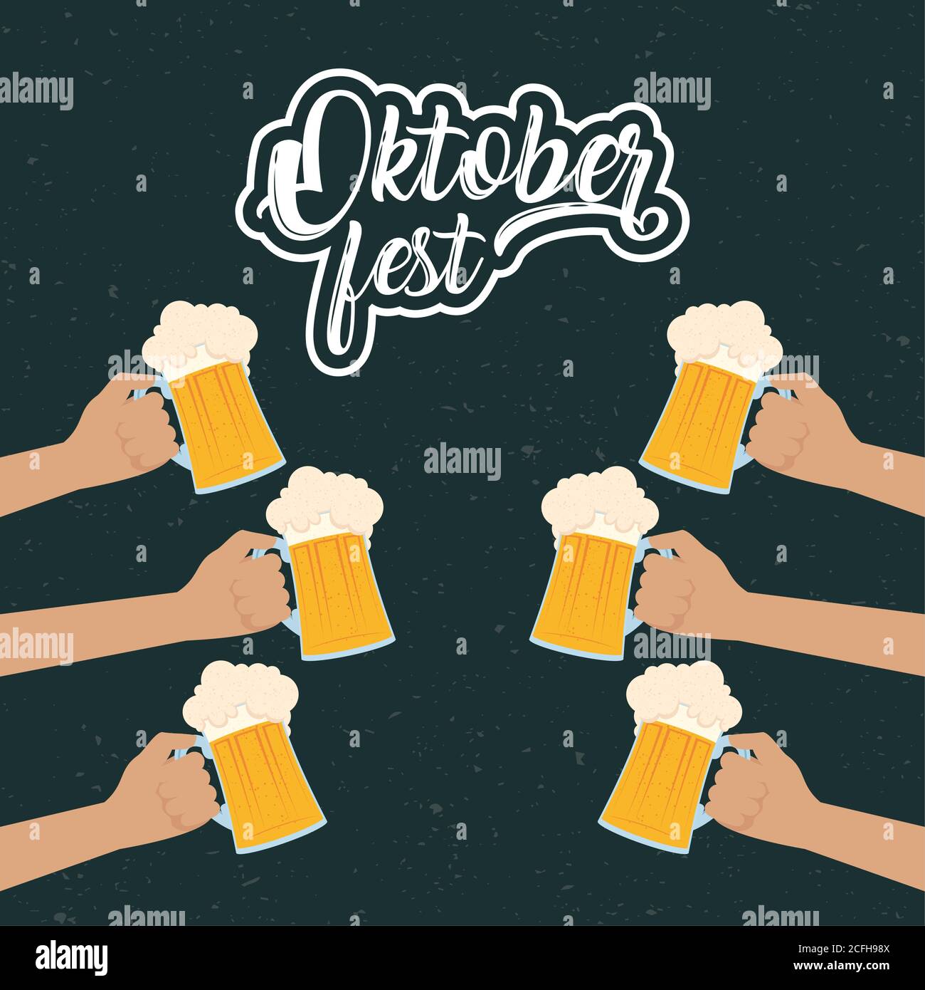 oktoberfest party lettering in poster with hands lifting beers vector ...