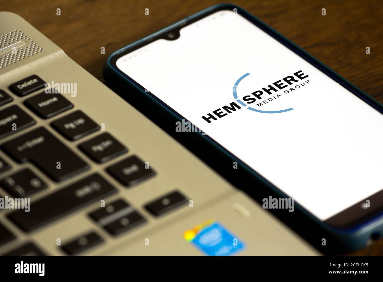 In this photo illustration the Hemisphere Media Group (HMTV) logo seen ...