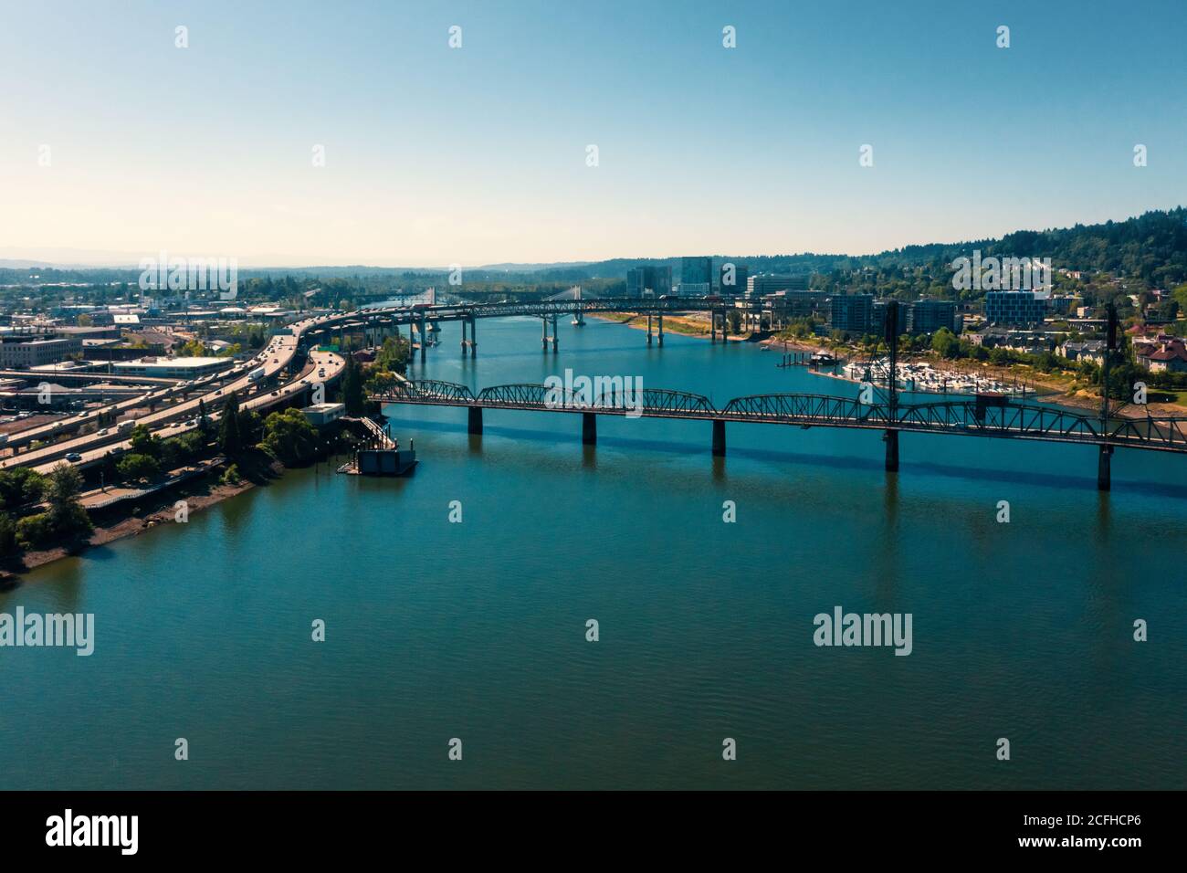 Aerial view of Portland Oregon's Hawthorne and Morisson Bridge Stock ...