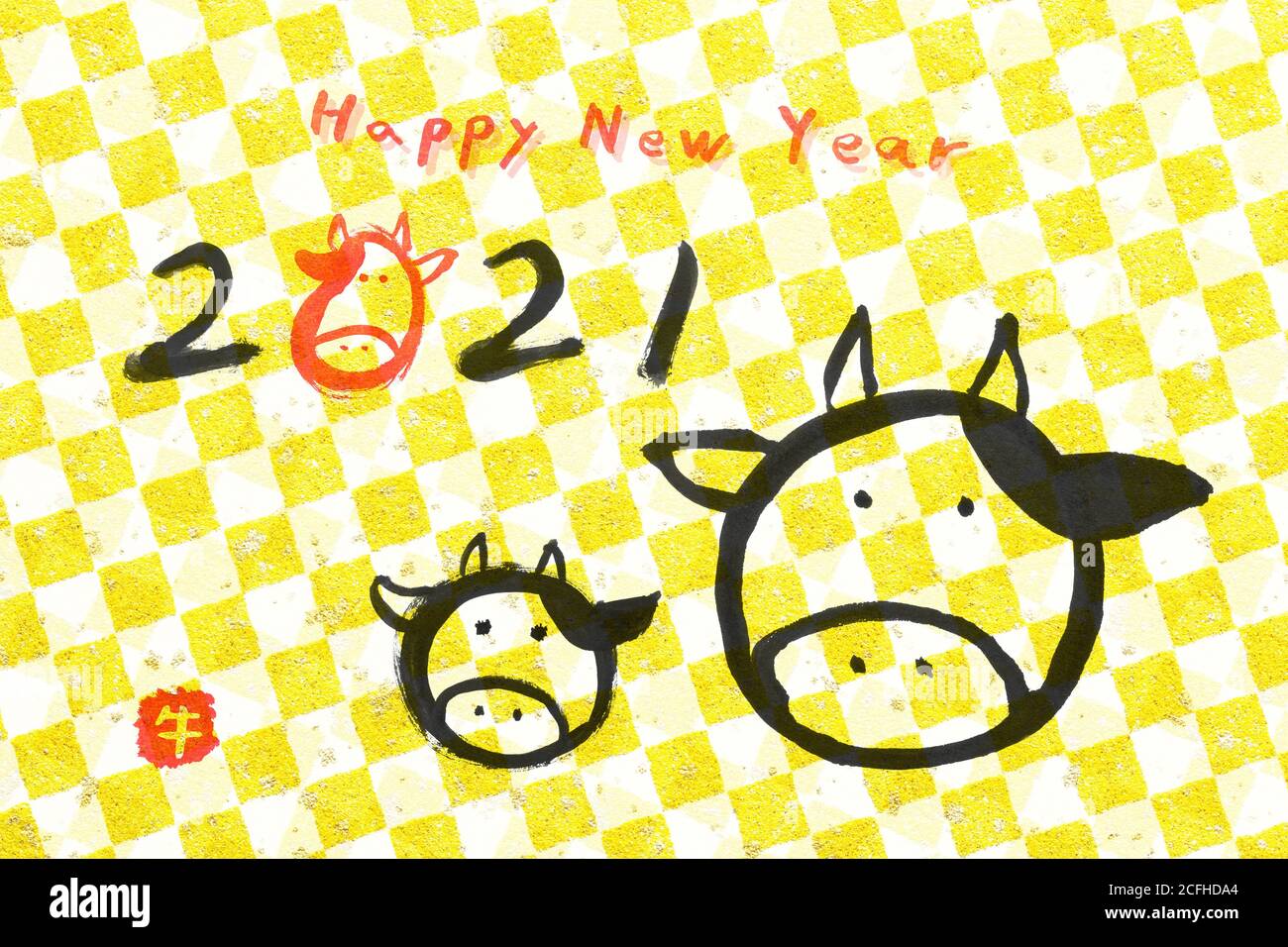 year of the ox, hand paint black ink stroke image on gold check paper ...