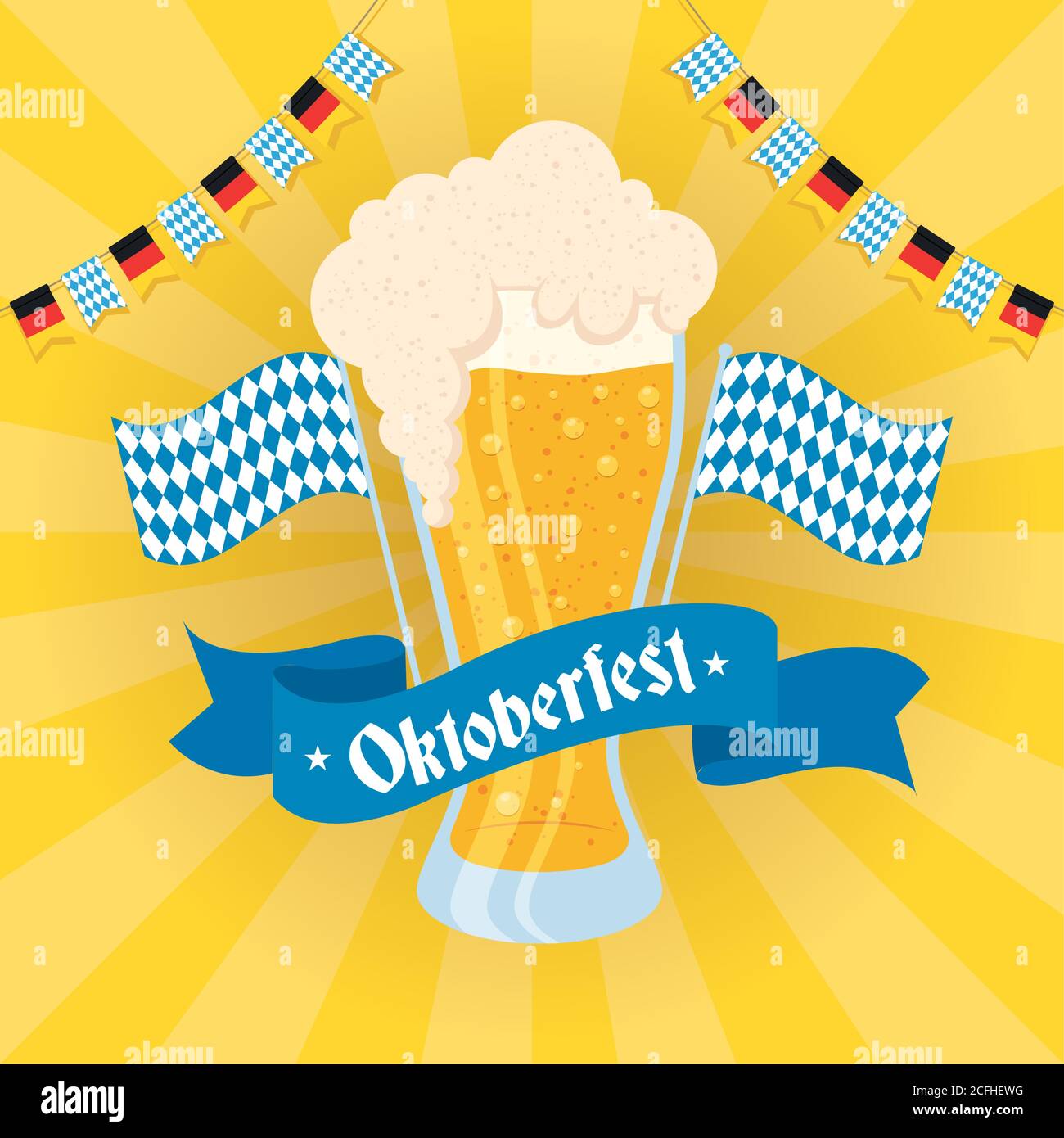 oktoberfest party lettering in ribbon with beer glass and flags vector ...
