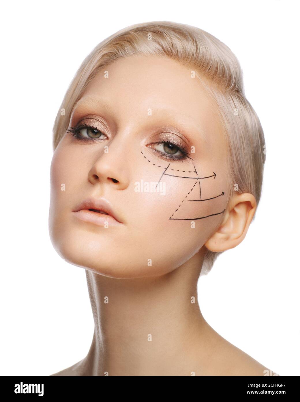 Pretty fashionable white blonde girl with perforation lines on face ...