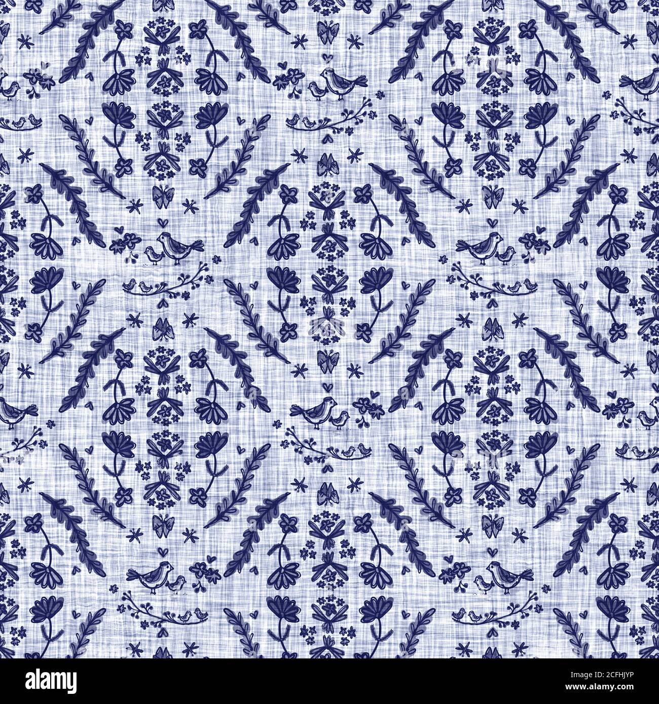 Indigo blue flower block print dyed linen texture background. Seamless ...