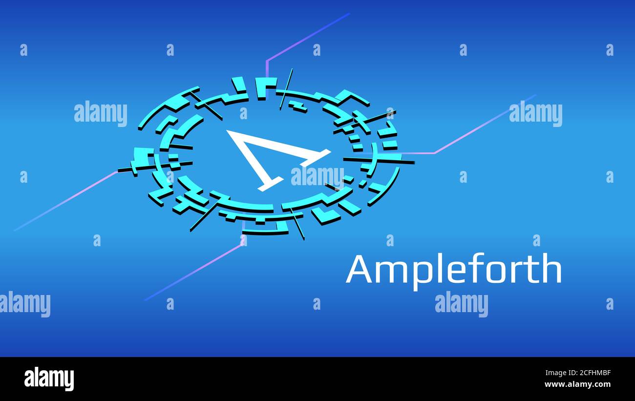 Ampleforth AMPL isometric token symbol of the DeFi project in digital circle on blue background ...