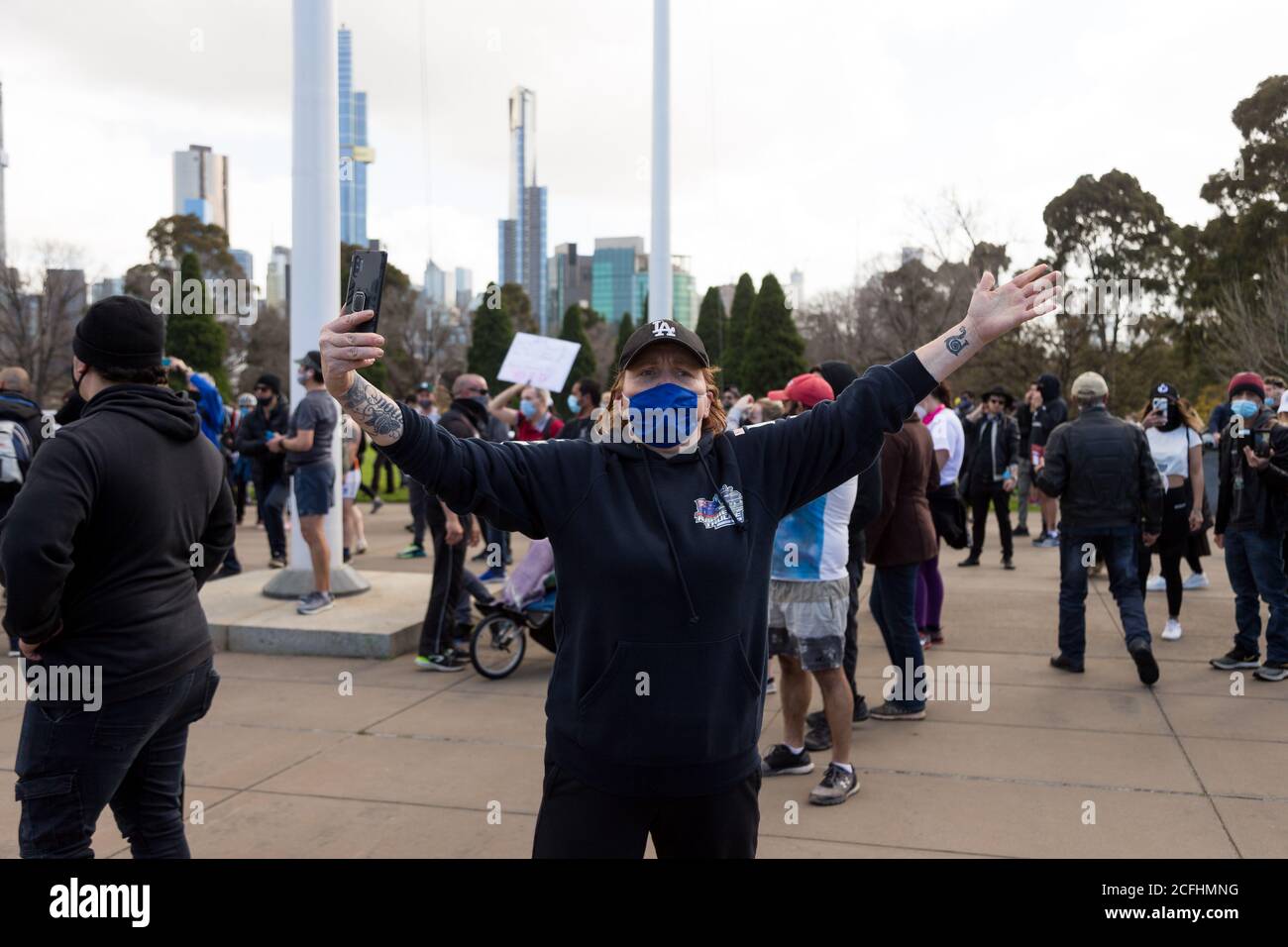 Melbourne, Australia, 5 September, 2020. A woman yells at police ...