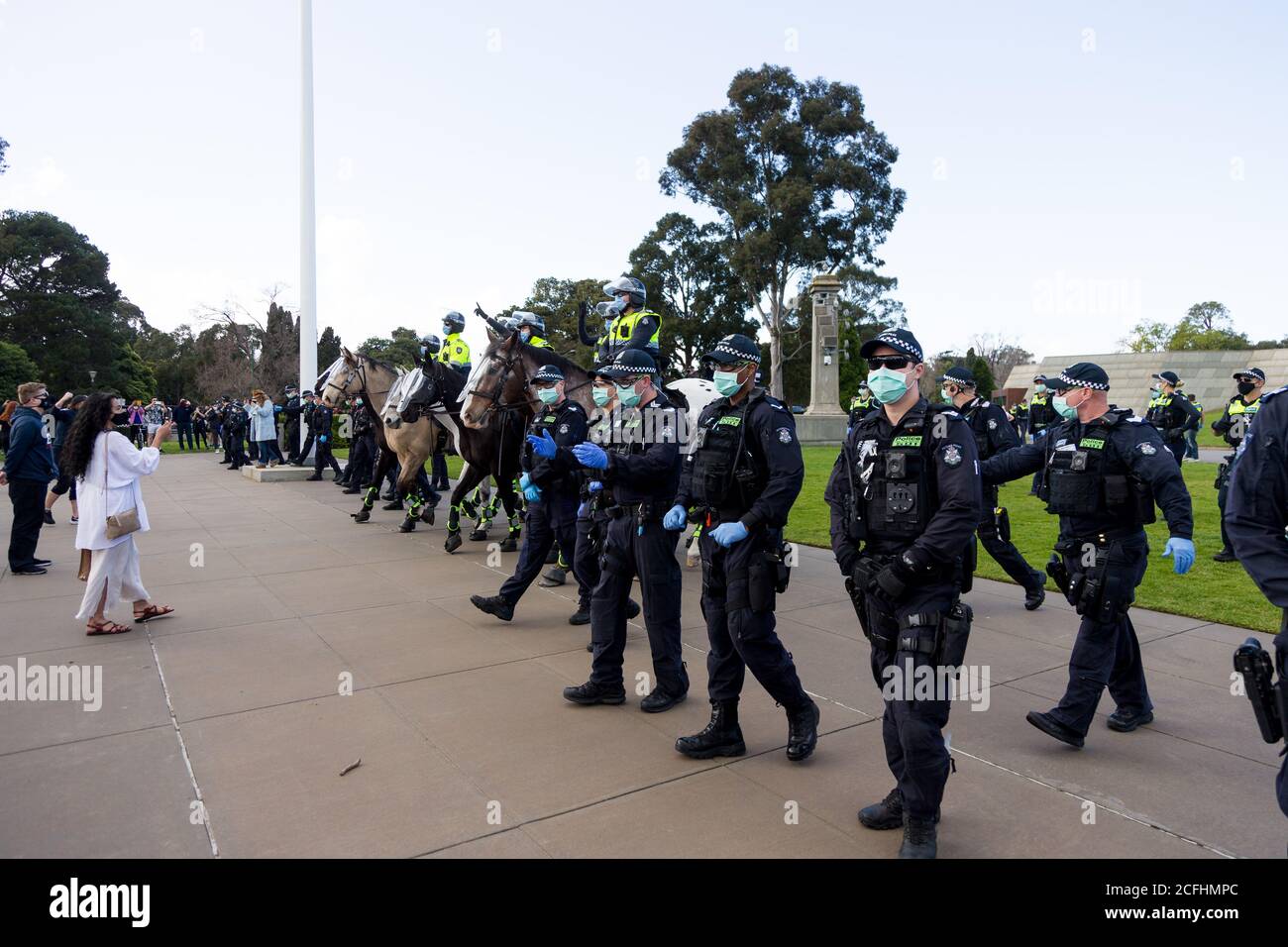 Melbourne, Australia, 5 September, 2020. A heavy police presence is ...