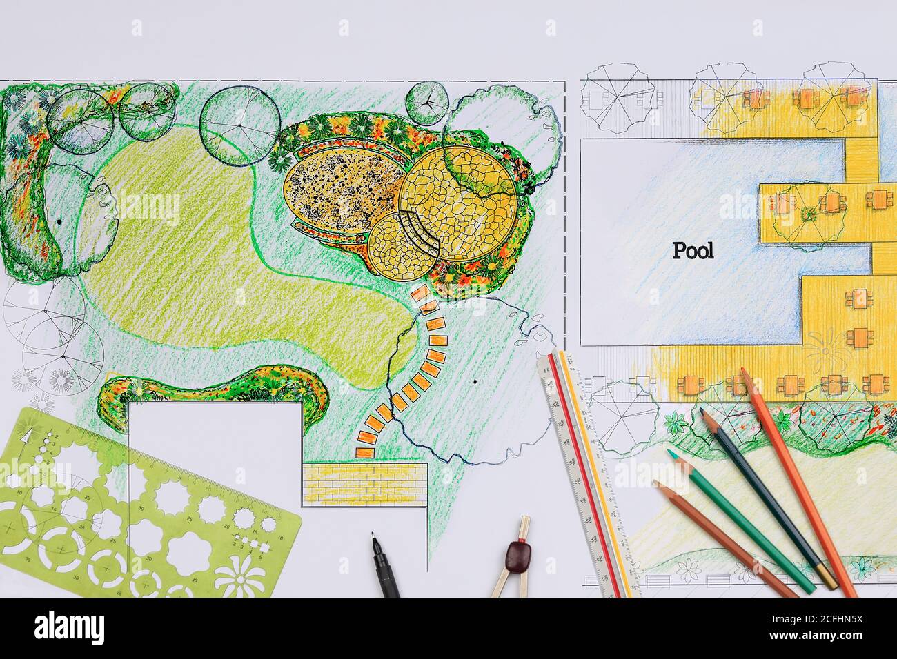 Landscape architect design backyard pool plan for hotel Stock Photo - Alamy