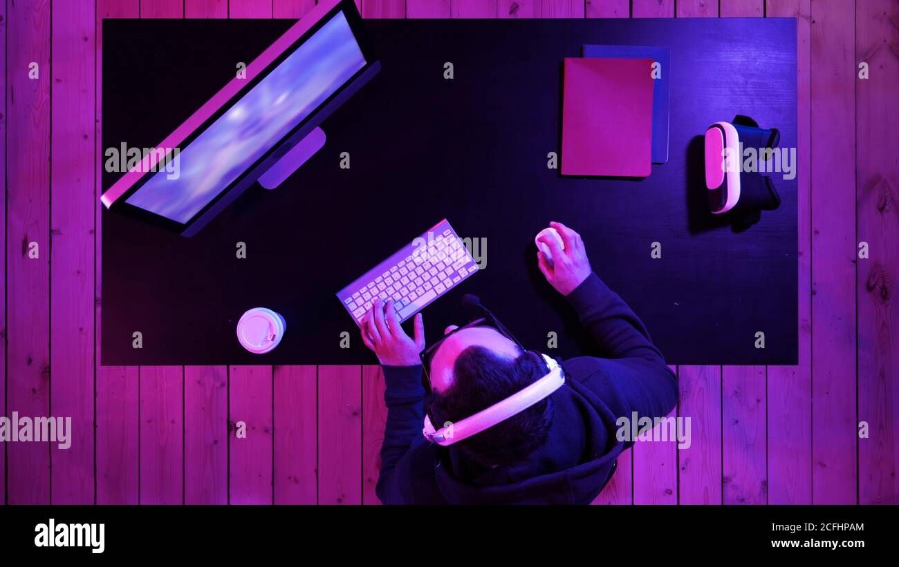 Evil lough of angry gamer while playing on the computer. Emotional ...