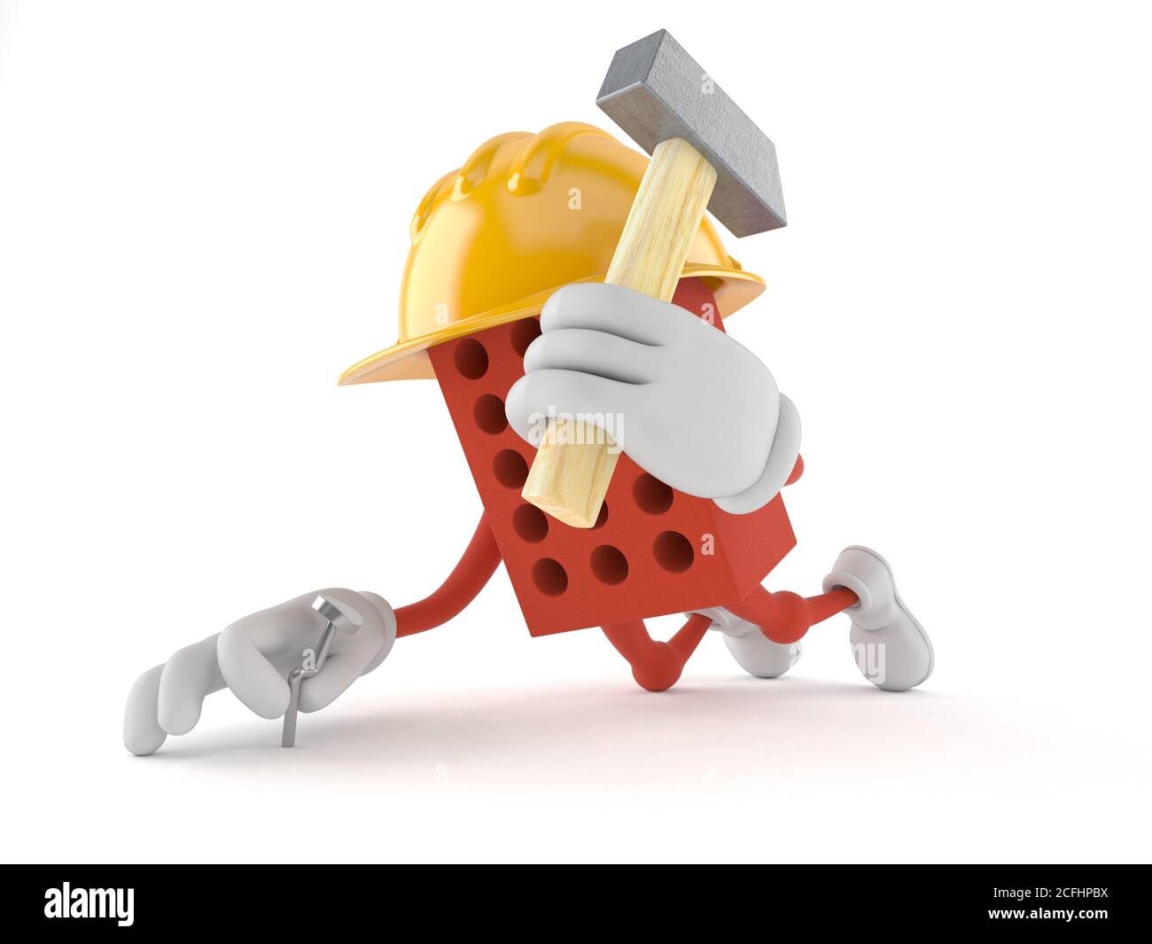 Brick character with nail and hammer isolated on white background Stock ...