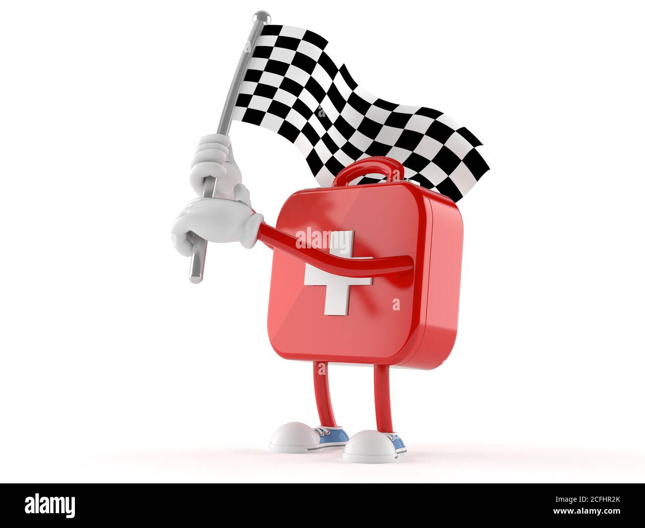 First aid kit character waving race flag isolated on white background ...