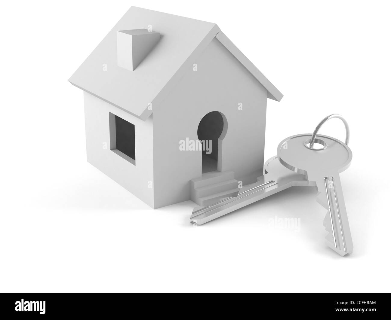 Small house with door key isolated on white background Stock Photo - Alamy